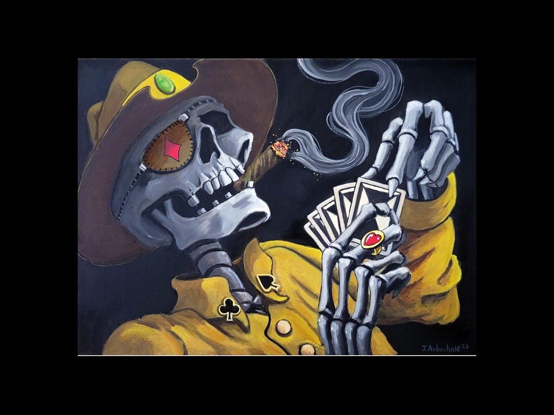 Skeleton Art, 14x18 Painting, A Poker Game With the Grim Reaper ...