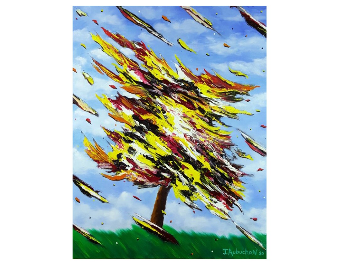 A Fiery Tree in an Abstract World, 14x18 Painting, A Tree of Fire and ...