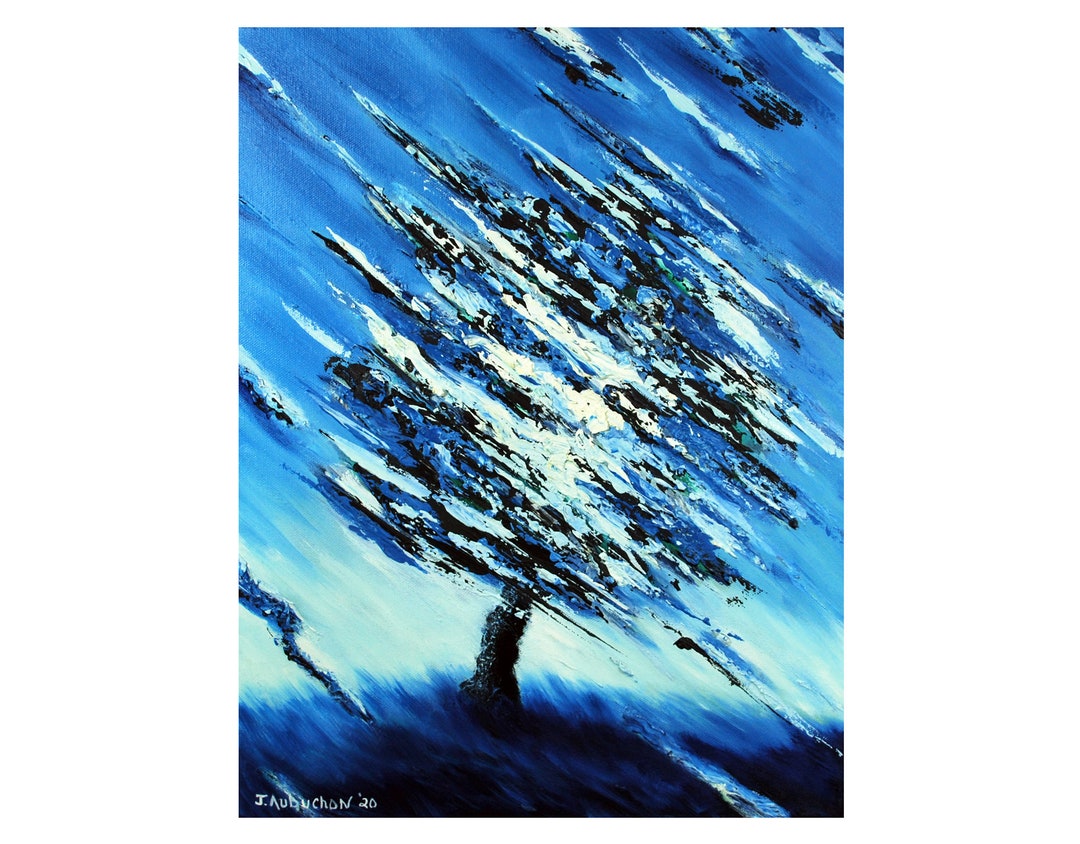 Winter Tree in Abstract Style, 14x18 Painting, Blue and White Landscape ...
