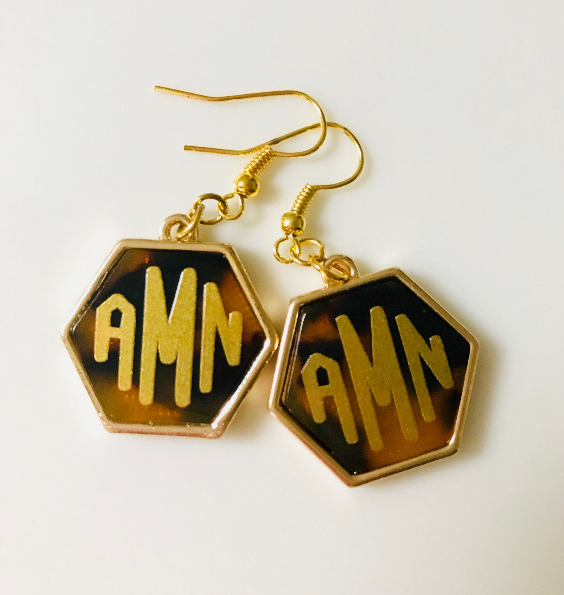Monogrammed Tortoise Shell, Honeycomb Shape, Hanging Earrings - Etsy