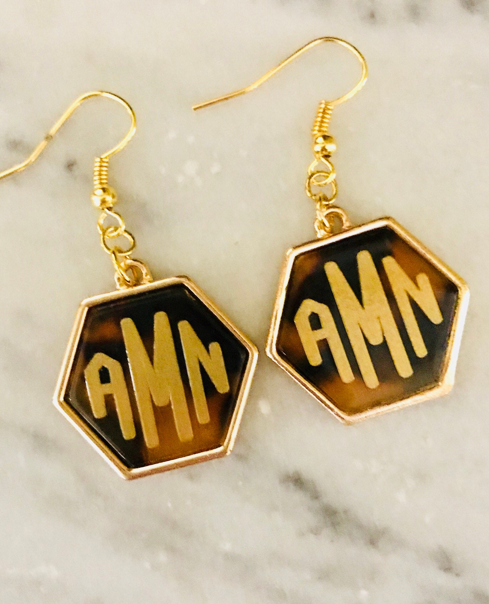 Monogrammed Tortoise Shell, Honeycomb Shape, Hanging Earrings - Etsy