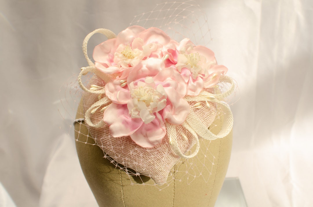 Baby Pink & Ivory Teardrop Percher Mini Hat With Veiling Net and ...