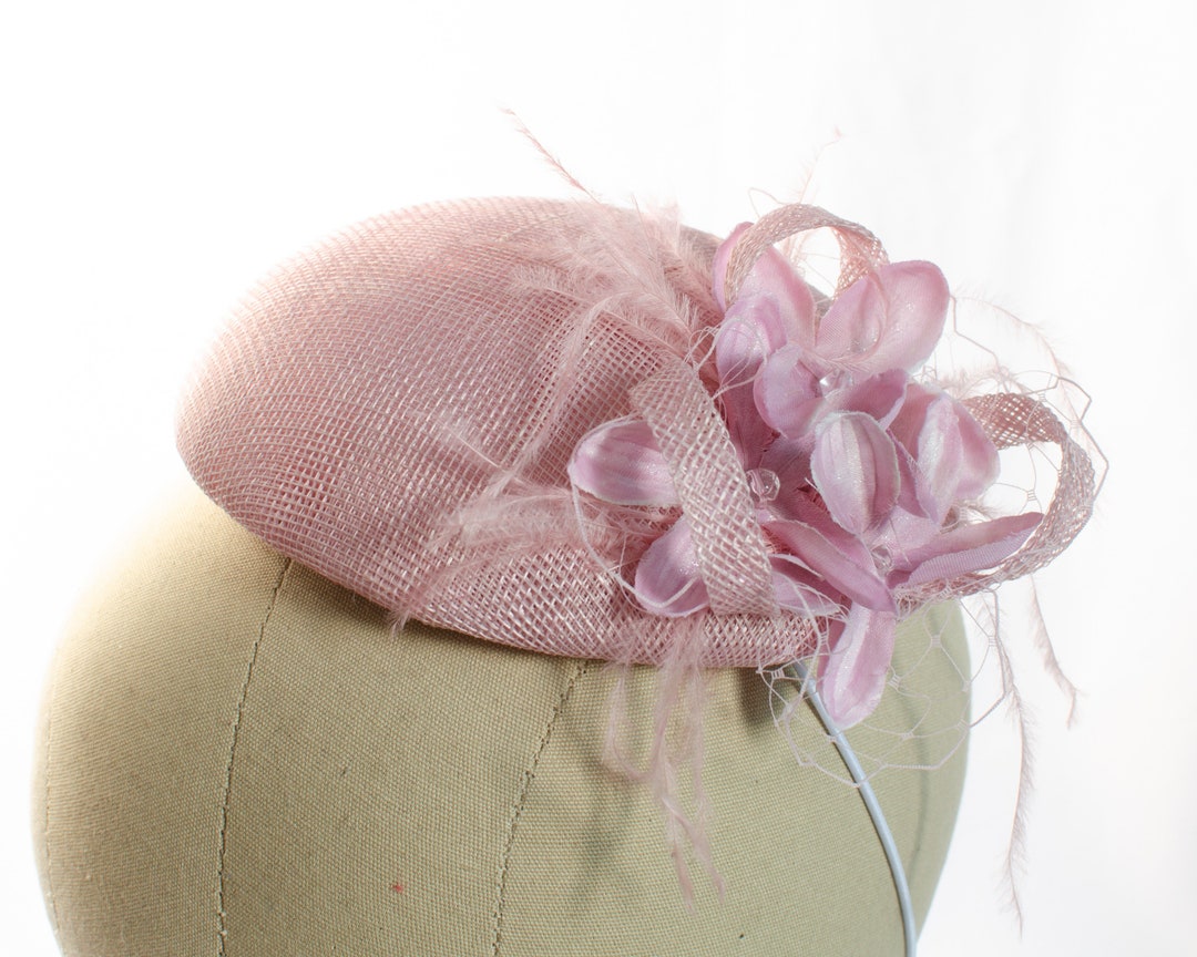 Dusky Pink Button Percher Hat With Feathers, Baby Pink Flowers and ...