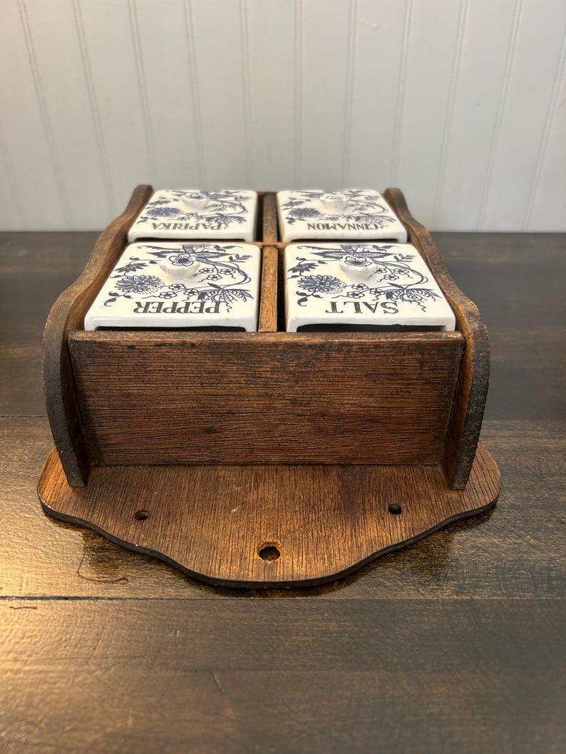 Vintage Blue Onion Style Wooden and Ceramic Spice Rack Container - Etsy