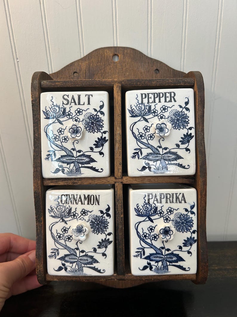 Vintage Blue Onion Style Wooden and Ceramic Spice Rack Container - Etsy