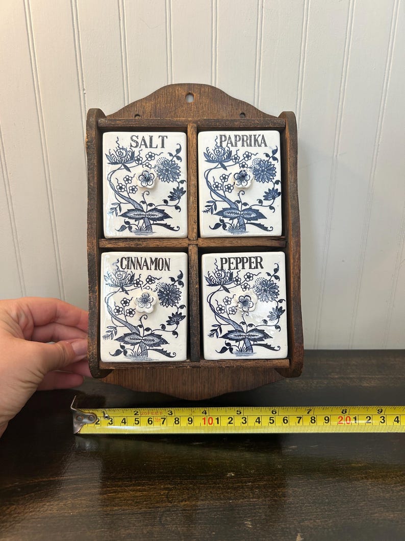 Vintage Blue Onion Style Wooden and Ceramic Spice Rack Container - Etsy