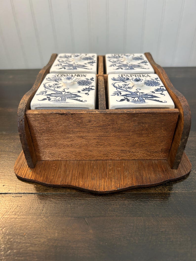 Vintage Blue Onion Style Wooden and Ceramic Spice Rack Container - Etsy
