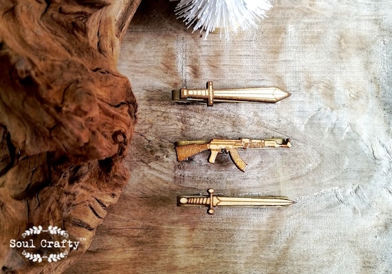 Rifle Sword Viking Sword Wooden Tie Clips war weapons firearm gun Dad ...