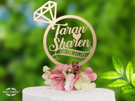 Customized Wooden diamond ring cake topper, cake toppers names, topper ...