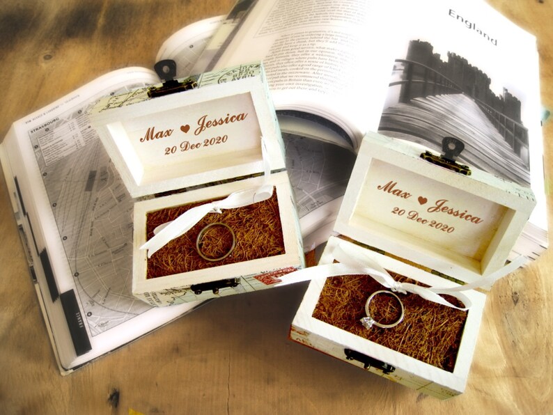 Color World Map Ring Bearer Box, Rustic Wedding Wooden Box, Ring Pillow ...