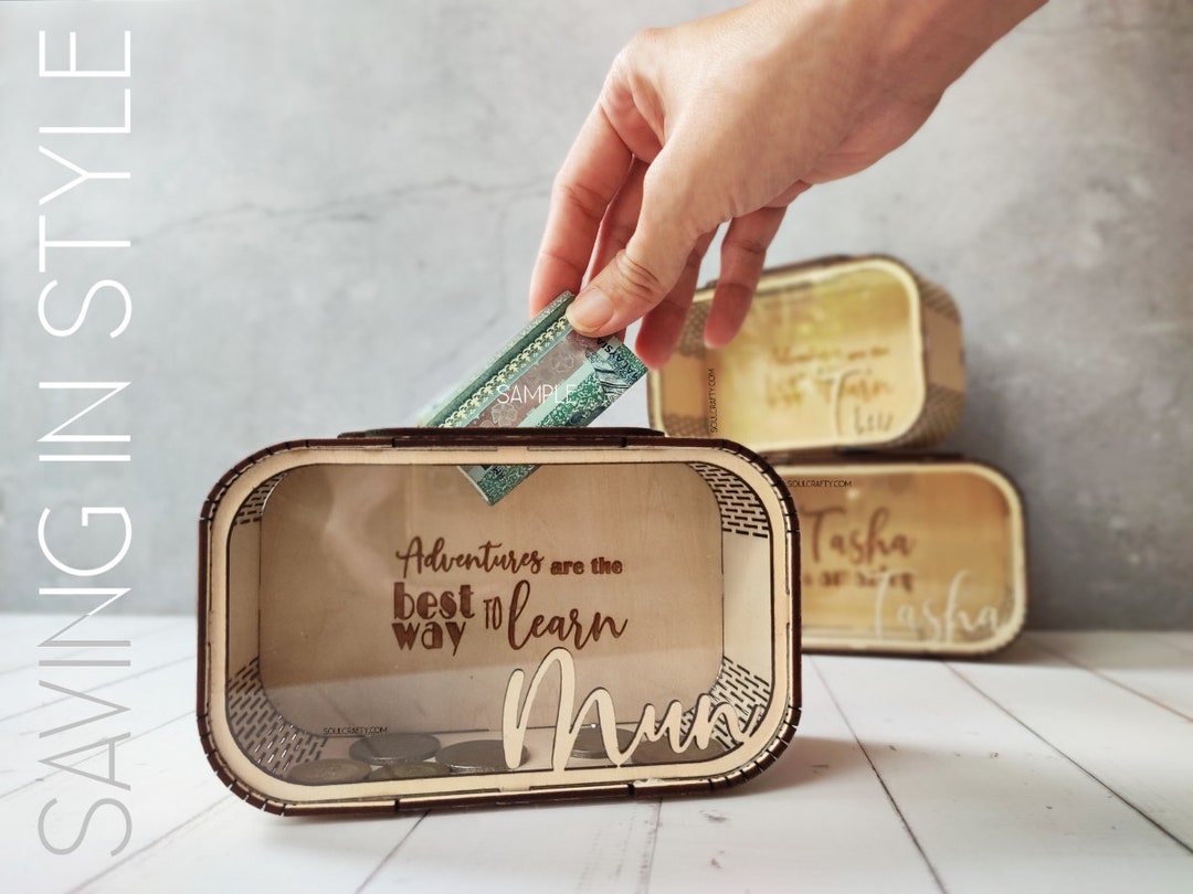 Personalized Name Wooden Coin Box, Wooden Piggy Bank, Honeymoon Fund ...