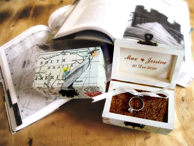 Color World Map Ring Bearer Box, Rustic Wedding Wooden Box, Ring Pillow ...