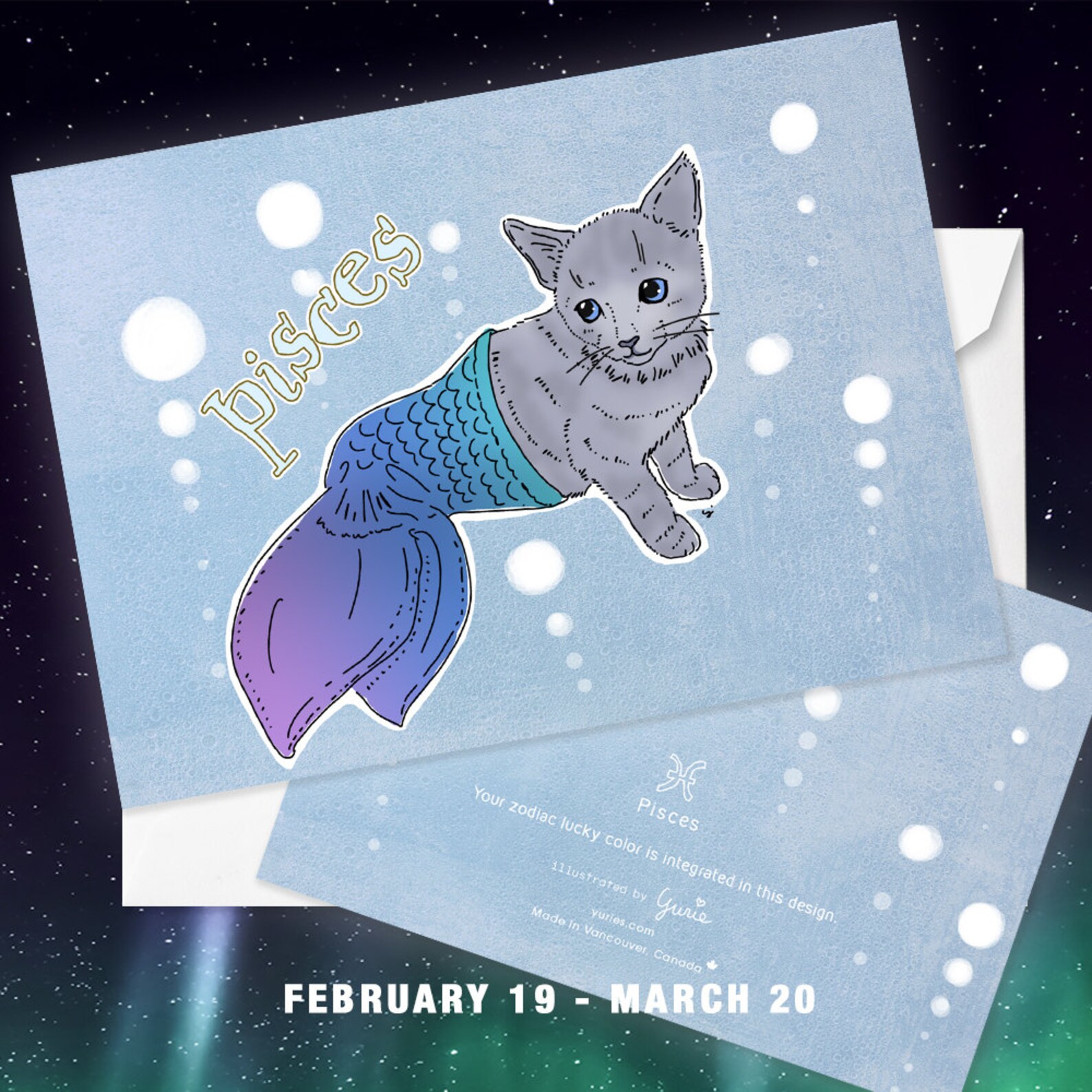Pisces Cat Zodiac Sign Lucky Color Cards Greeting Card 5x7 Size , CAT ...