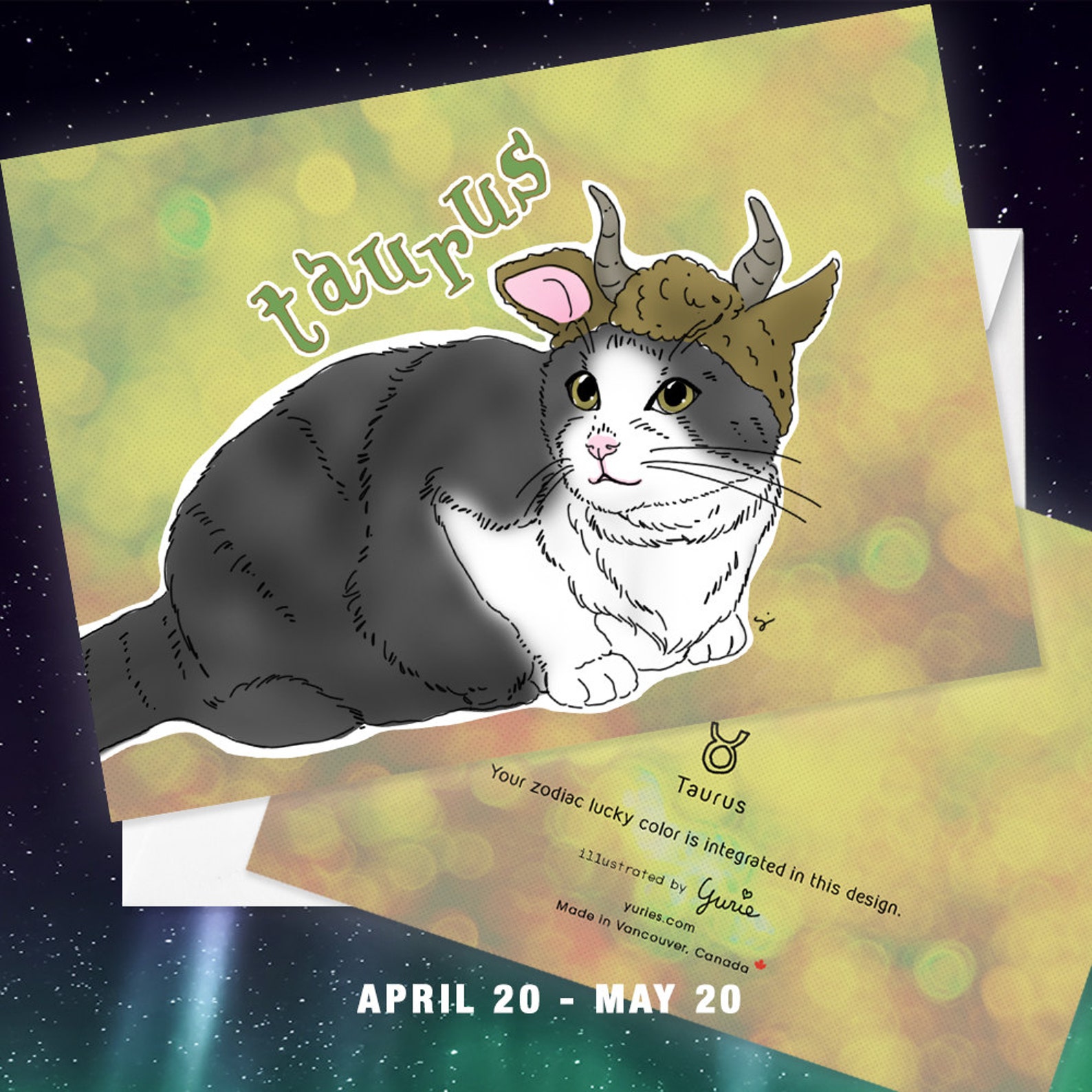 Taurus Cat Zodiac Sign Lucky Color Cards Greeting Card 5x7 Size Tuxedo ...