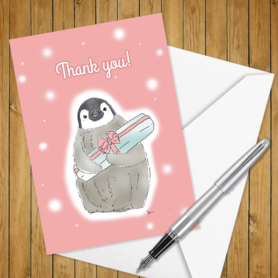 Thank You Penguin With a Gift Box Pink Card 5x7 Size - Etsy