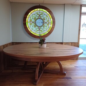 Antique Round Stained Glass Church Window With Walnut Frame and Lights ...