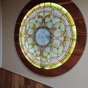 Antique Round Stained Glass Church Window With Walnut Frame and Lights ...