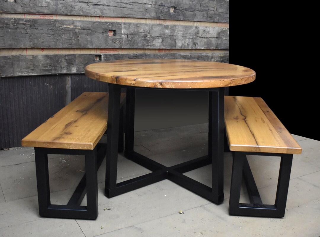 Round Table and Benches Made From Reclaimed Oak Barnwood, Made to Order ...