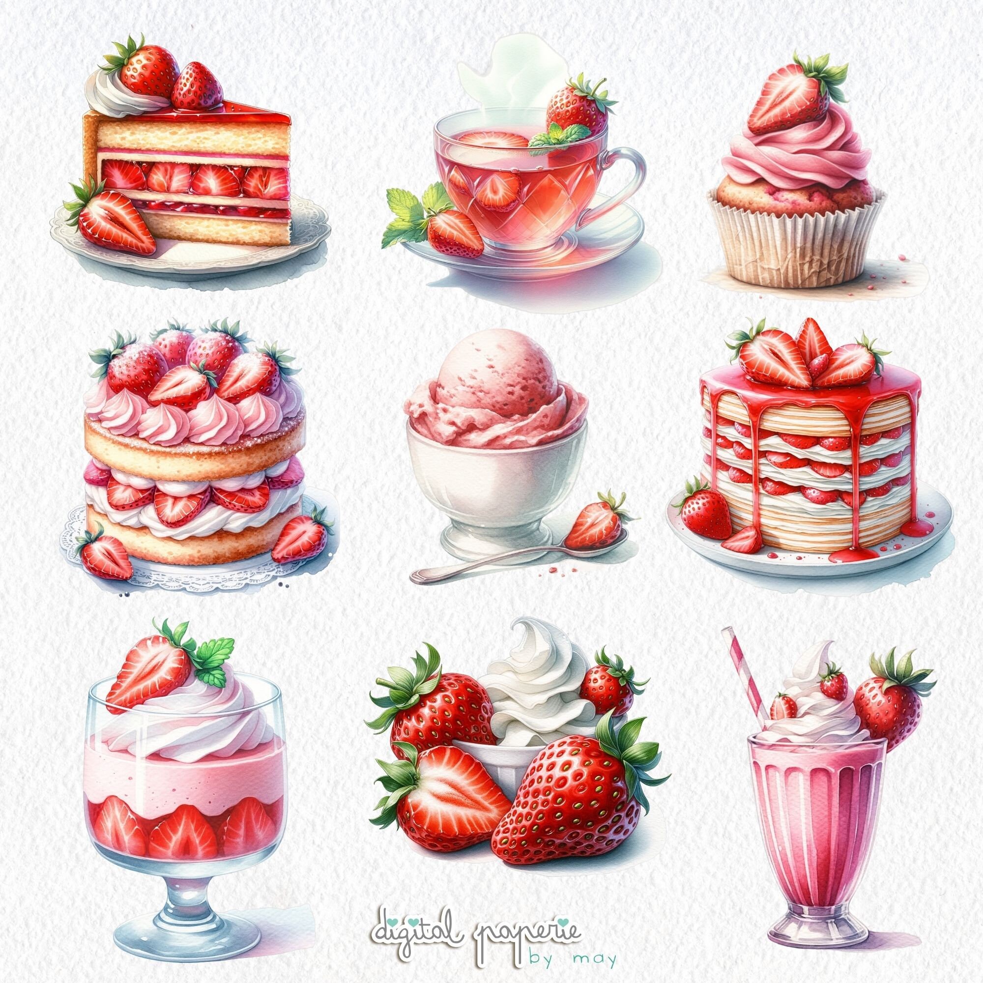 Strawberry Sweets Watercolor Clip Art, Transparent PNG, Digital ...