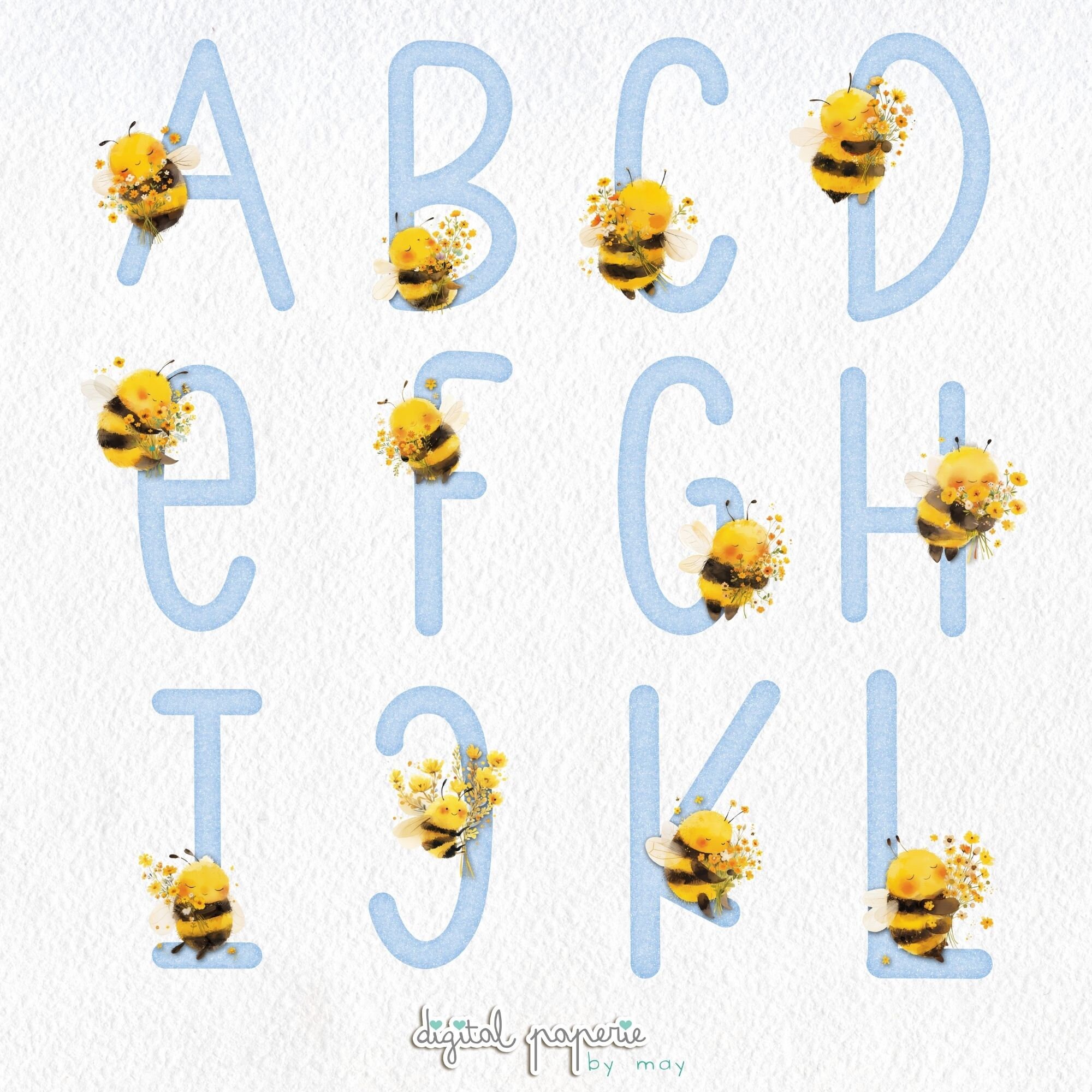 Honey Bee Alphabet Clipart Set - Watercolor Floral Letters & Numbers ...