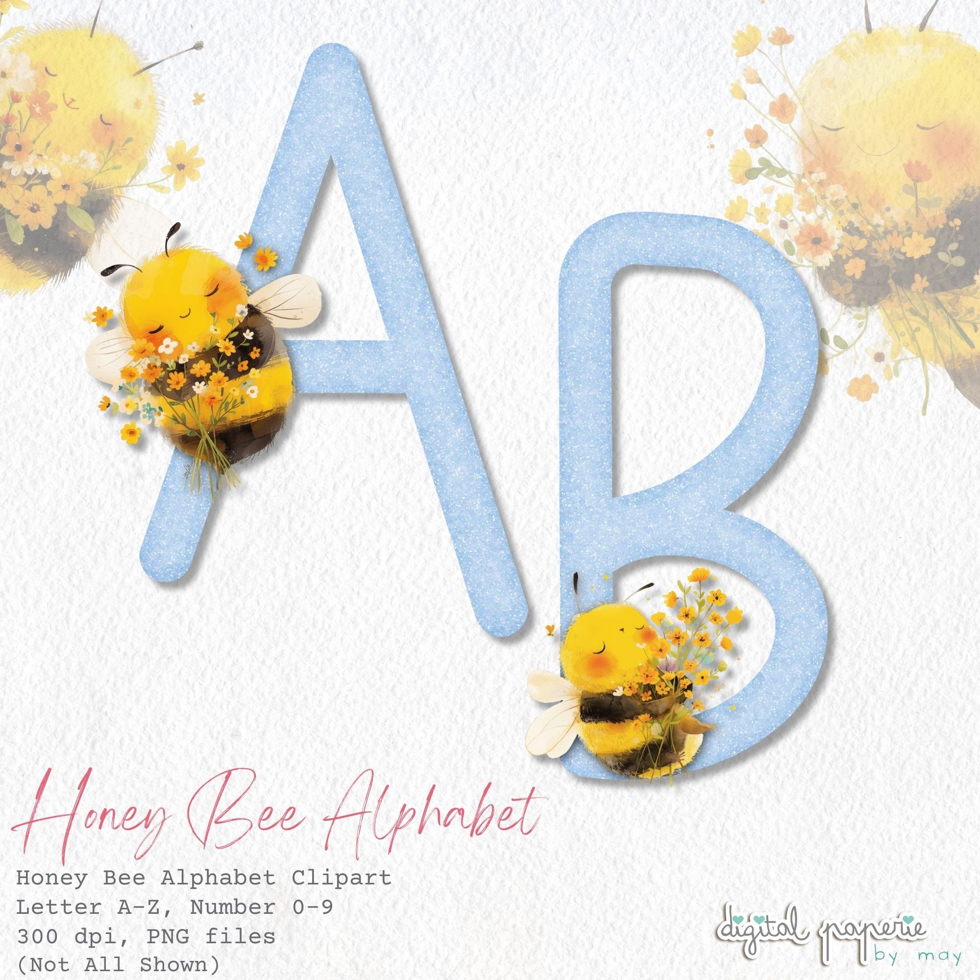 Honey Bee Alphabet Clipart Set - Watercolor Floral Letters & Numbers ...