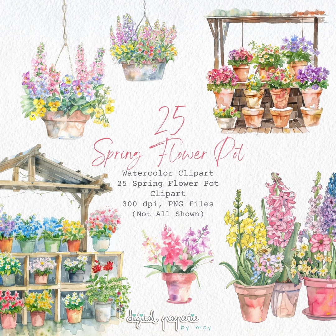 Watercolor Spring Flower Pot Clipart: 25 PNG Files (digital Download ...