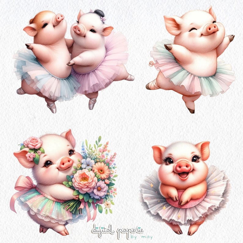 Adorable Ballerina Pig Clipart Set, Watercolor Piglet Dancer ...