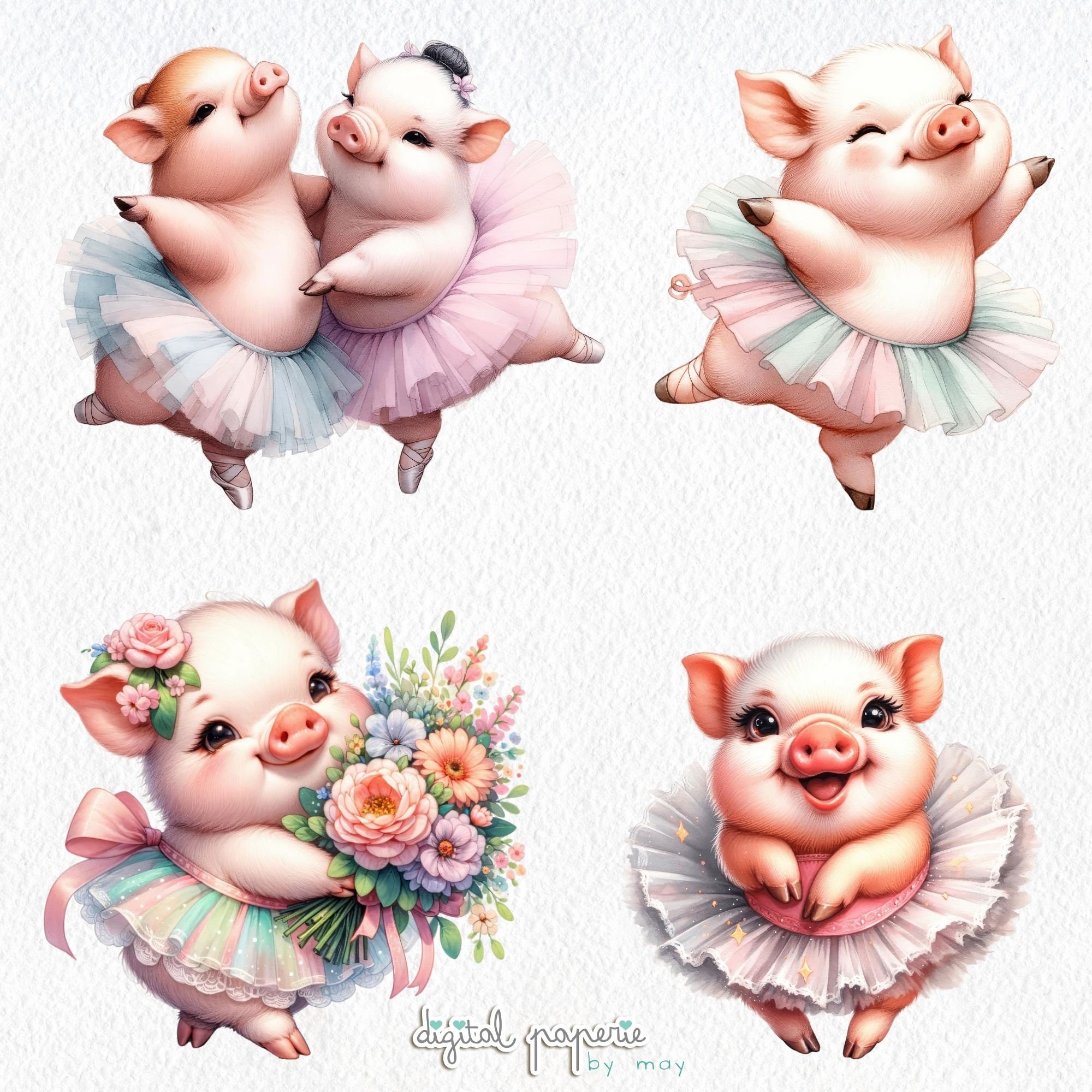 Adorable Ballerina Pig Clipart Set, Watercolor Piglet Dancer ...