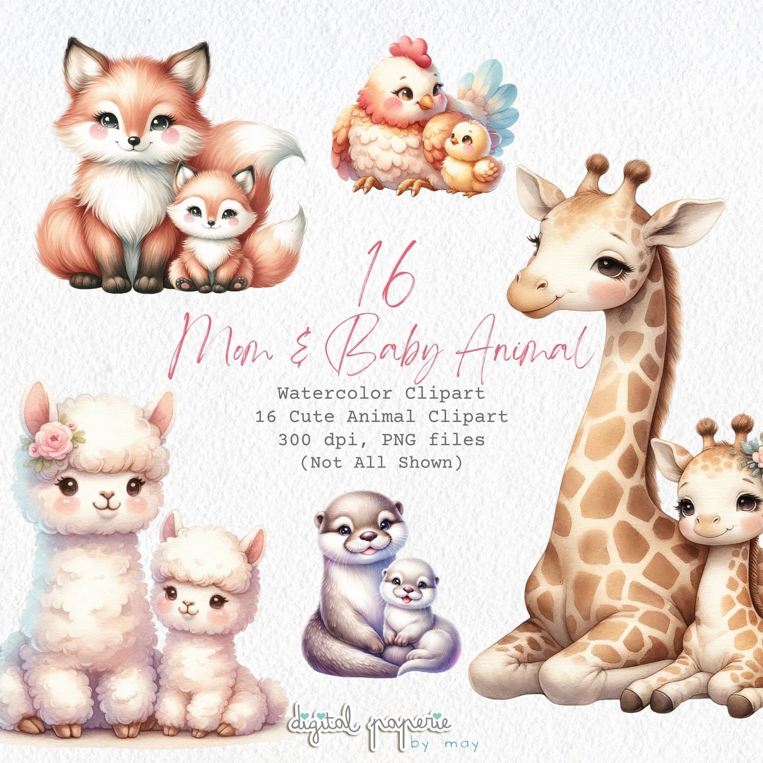 Watercolor Mother and Baby Animals Clipart Adorable Nursery Decor ...