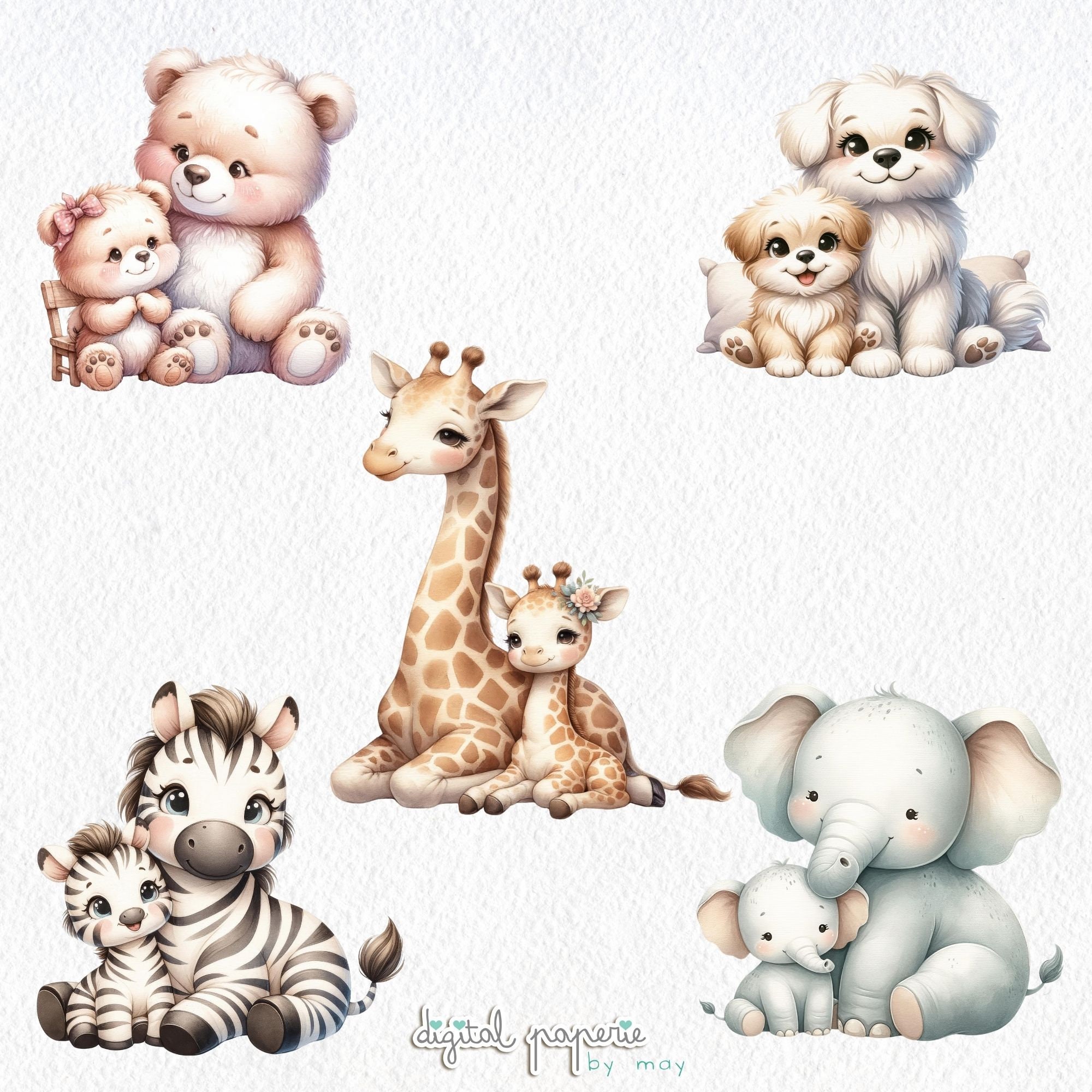 Watercolor Mother and Baby Animals Clipart Adorable Nursery Decor ...