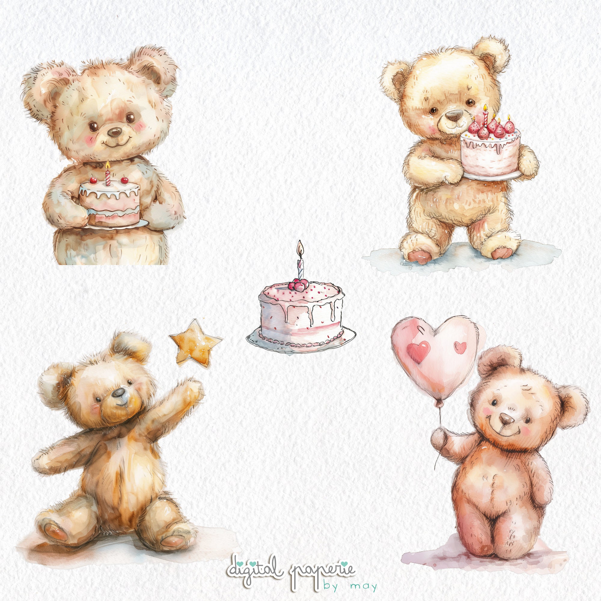 Watercolor Birthday Bear Clipart Digital Download Cute Teddy Bear ...