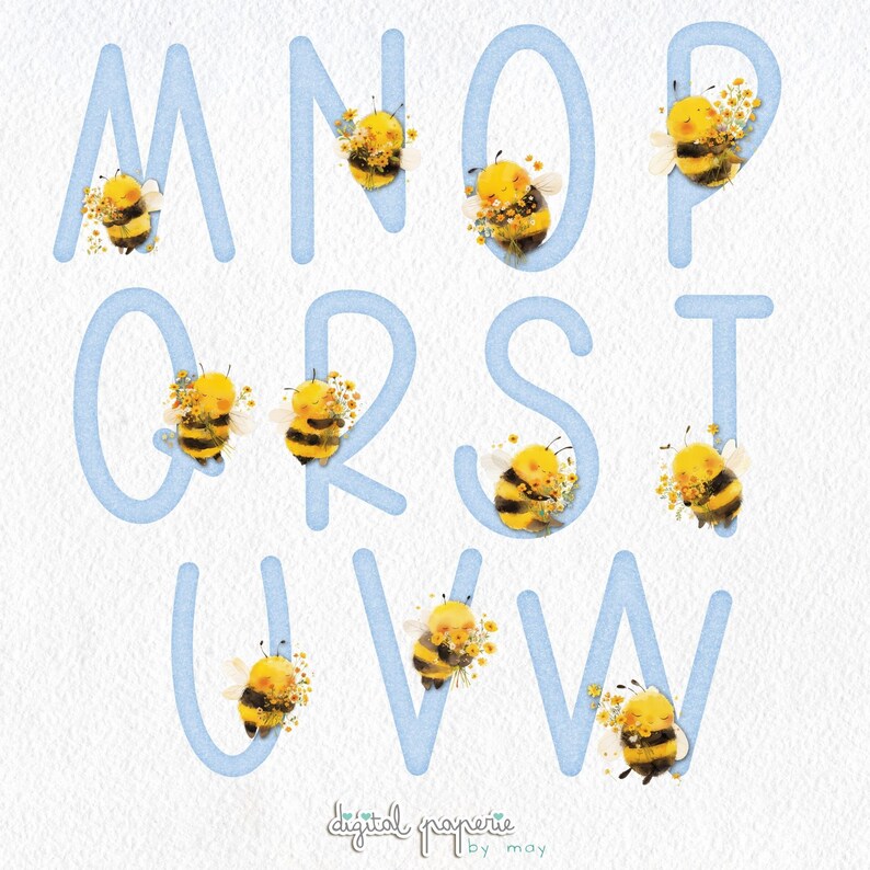 Honey Bee Alphabet Clipart Set - Watercolor Floral Letters & Numbers ...