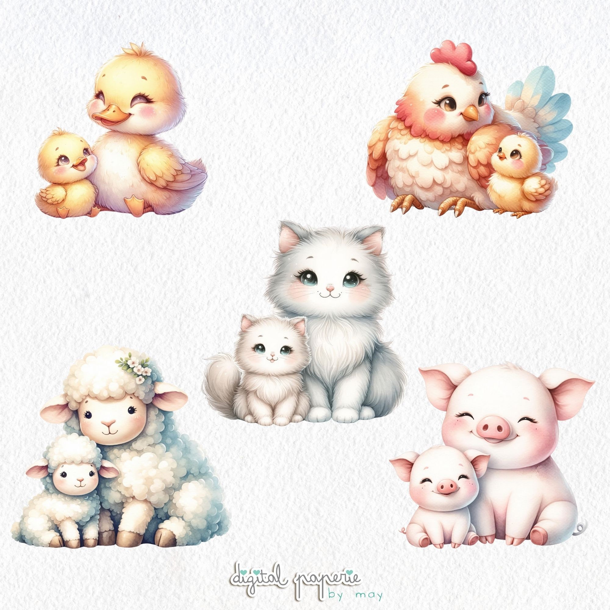 Watercolor Mother and Baby Animals Clipart Adorable Nursery Decor ...