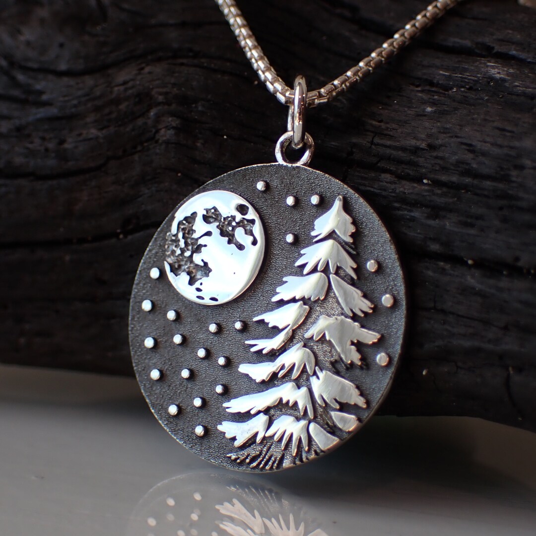 Sterling Silver Moonlit Snowy Pine Tree Necklace Made From Recycled ...