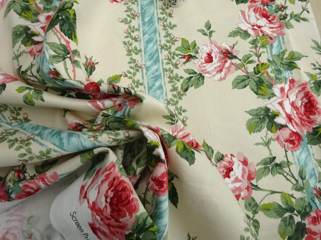 Vintage-inspired Ann & Robert Swaffer Roses Fabric - Striped Cotton ...