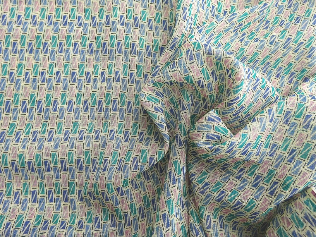 Vintage Semi-sheer Muslin Dress Fabric Blue Green Pink Geometric Design ...