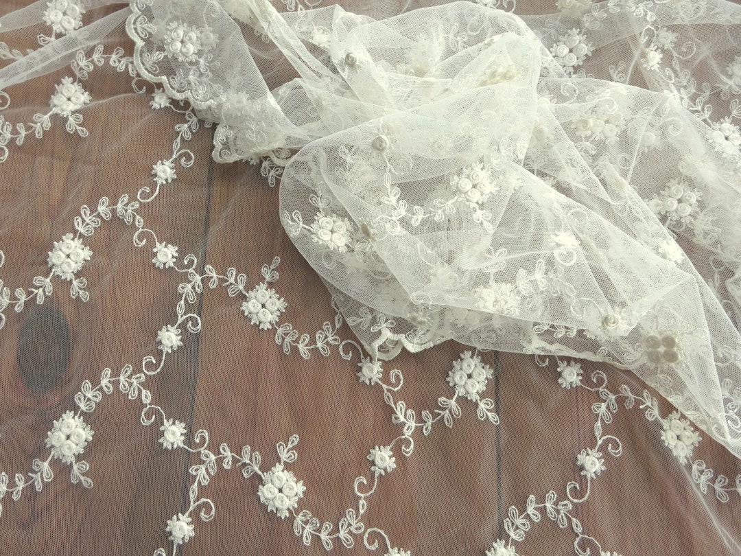Vintage Light Cream Embroidered Net Dress Wedding Craft Fabric 40l X 52 ...
