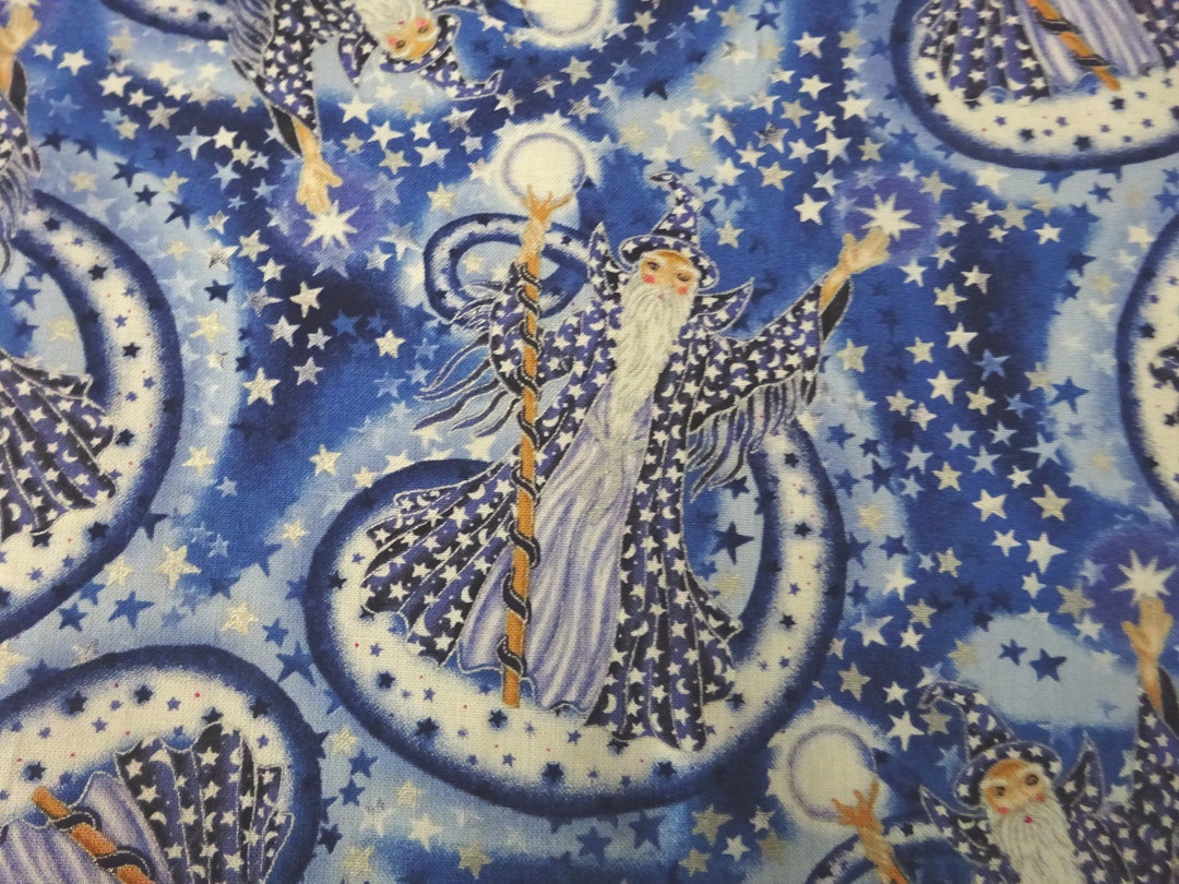 Wizards & Stars Cotton Fabric Quilting Dress or Interiors Blue Gold ...