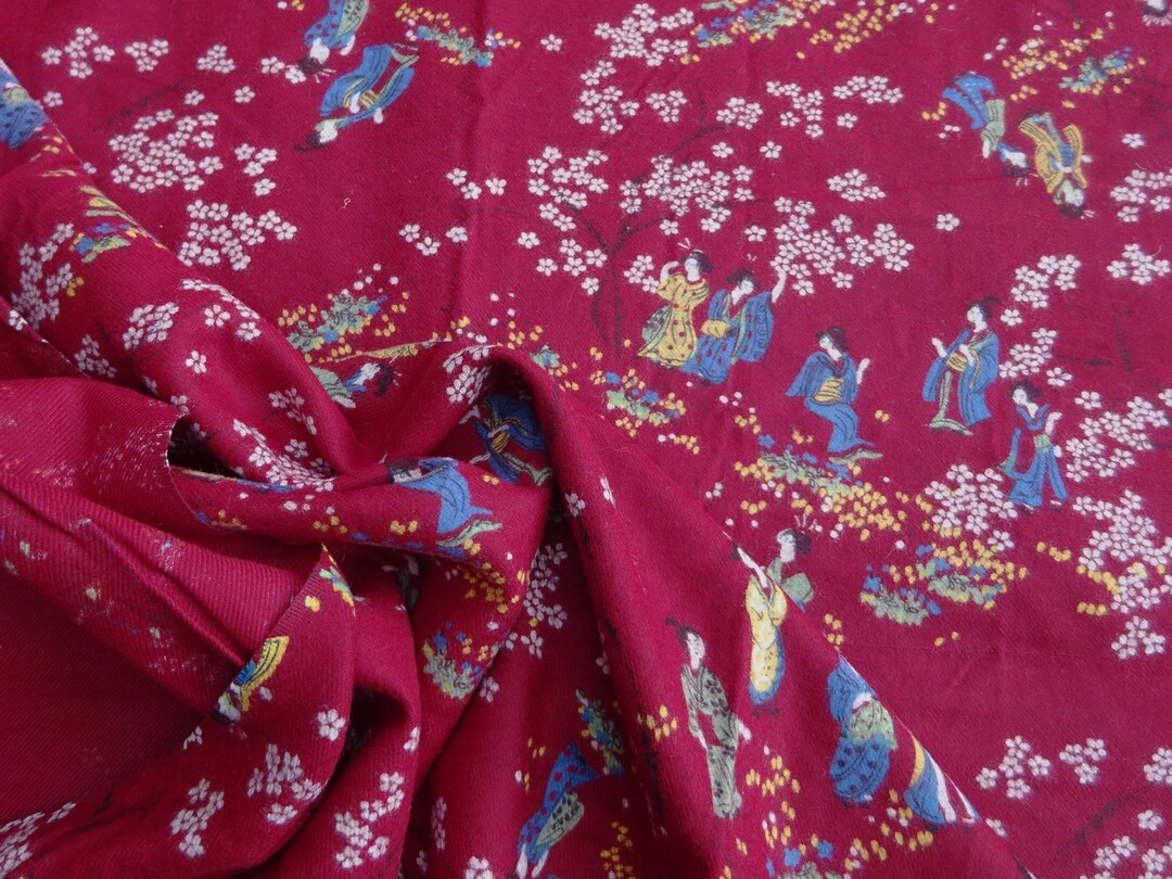 Vintage Brushed Cotton Dress Fabric Japanese Figures Cherry Blossom 36 ...
