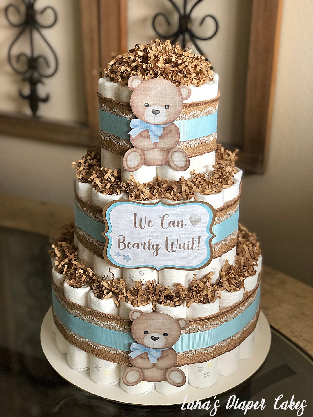 3 Tier Teddy Bear Diaper Cake, Woodland Baby Blue and Brown Bear Baby ...