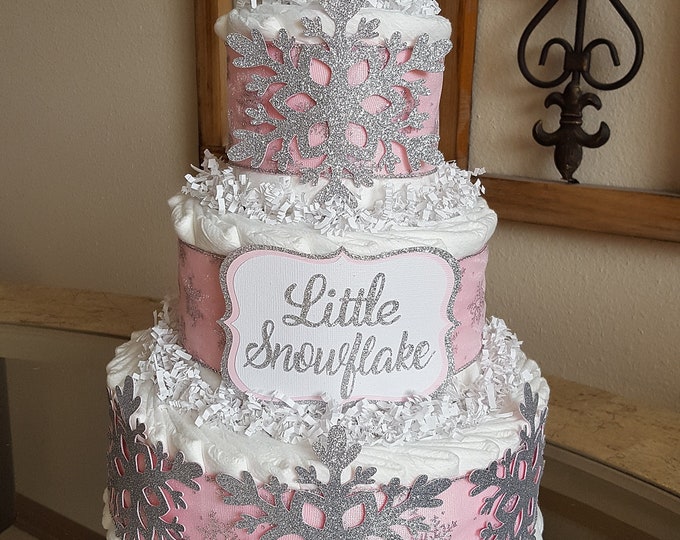 3 Tier Little Snowflake Diaper Cake, Baby Shower Decor, Pink and Silver ...