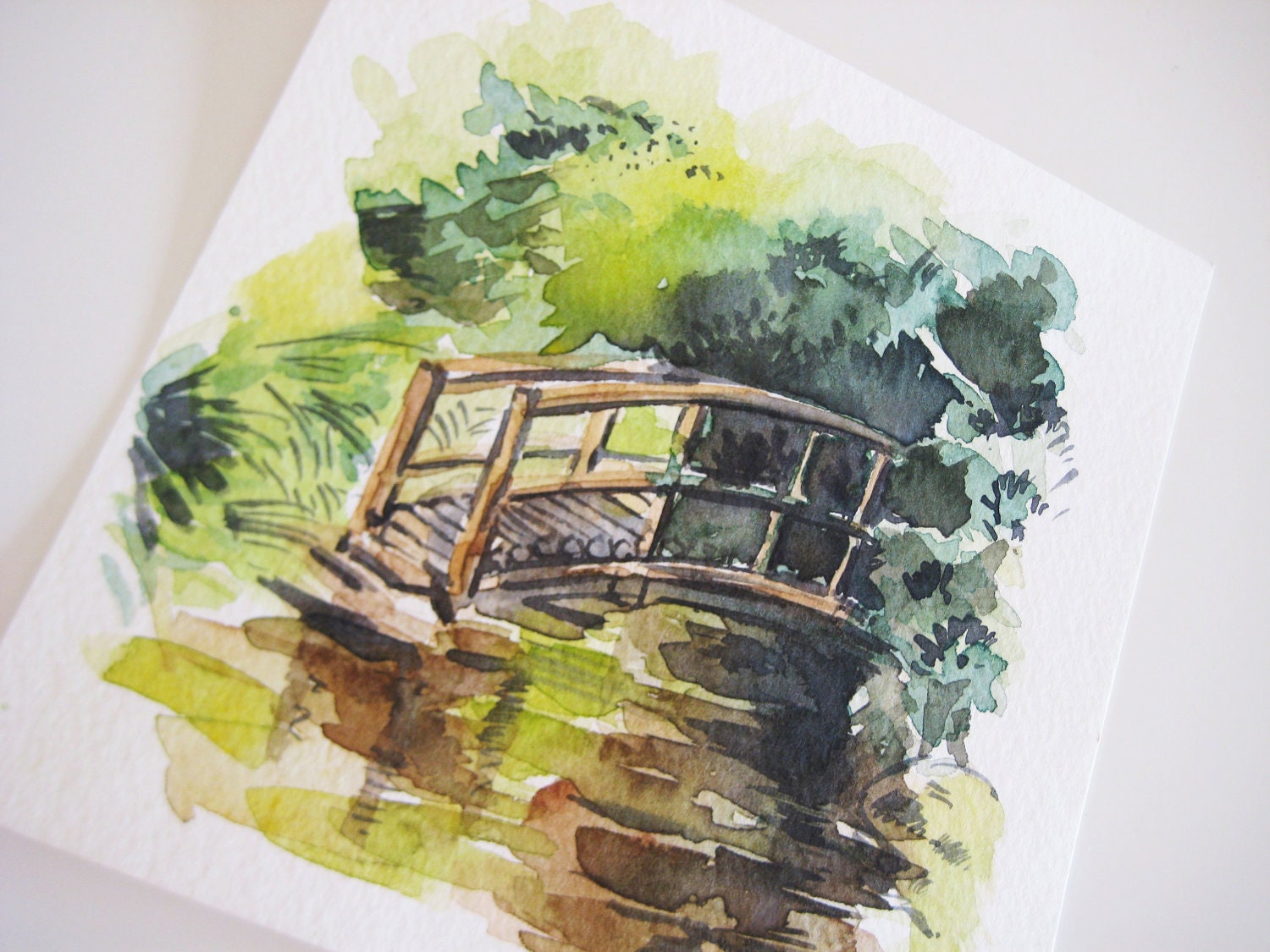 Garden Bridge Watercolor Painting Original Nature Green - Etsy Canada