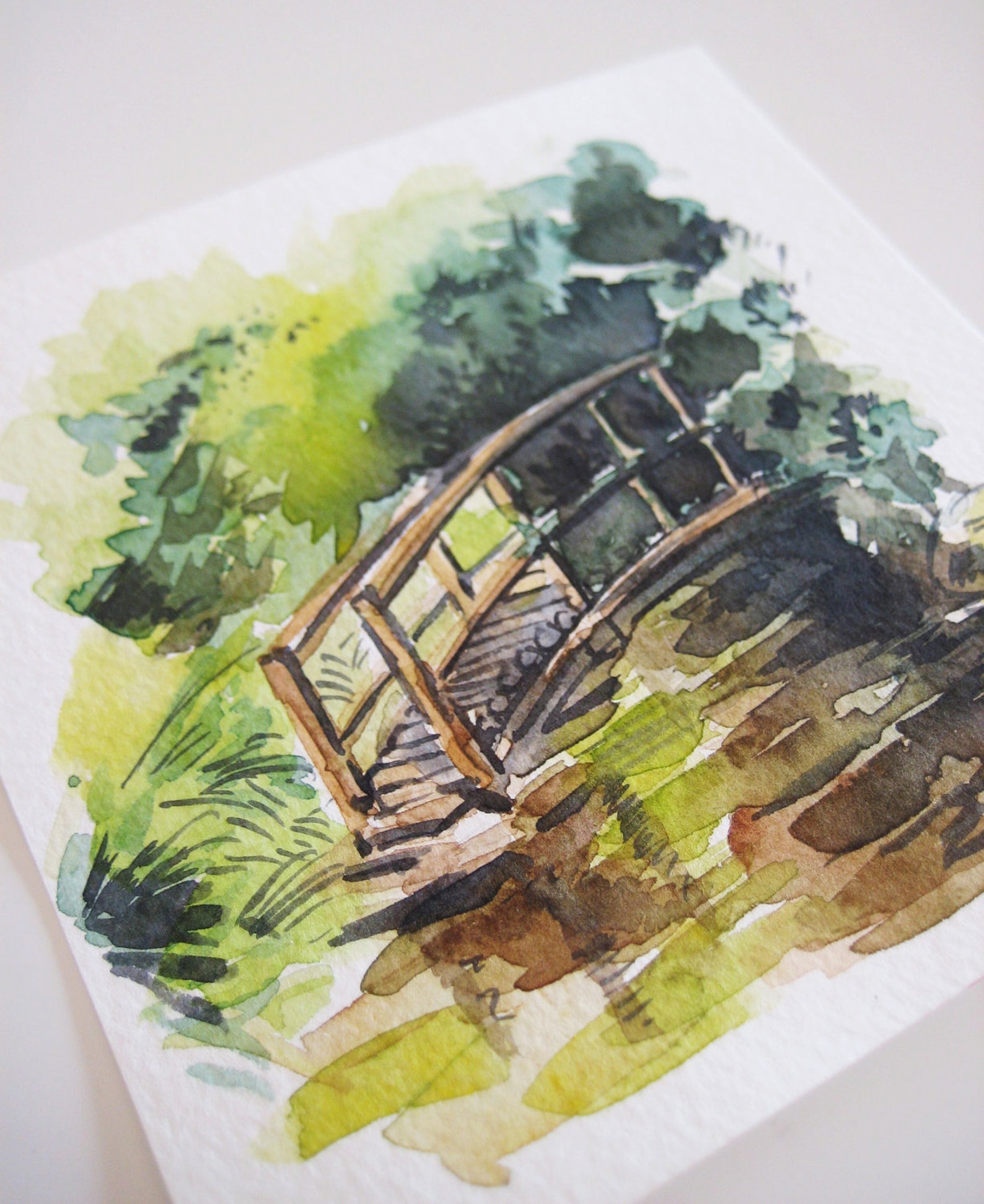 Garden Bridge Watercolor Painting Original Nature Green | Etsy