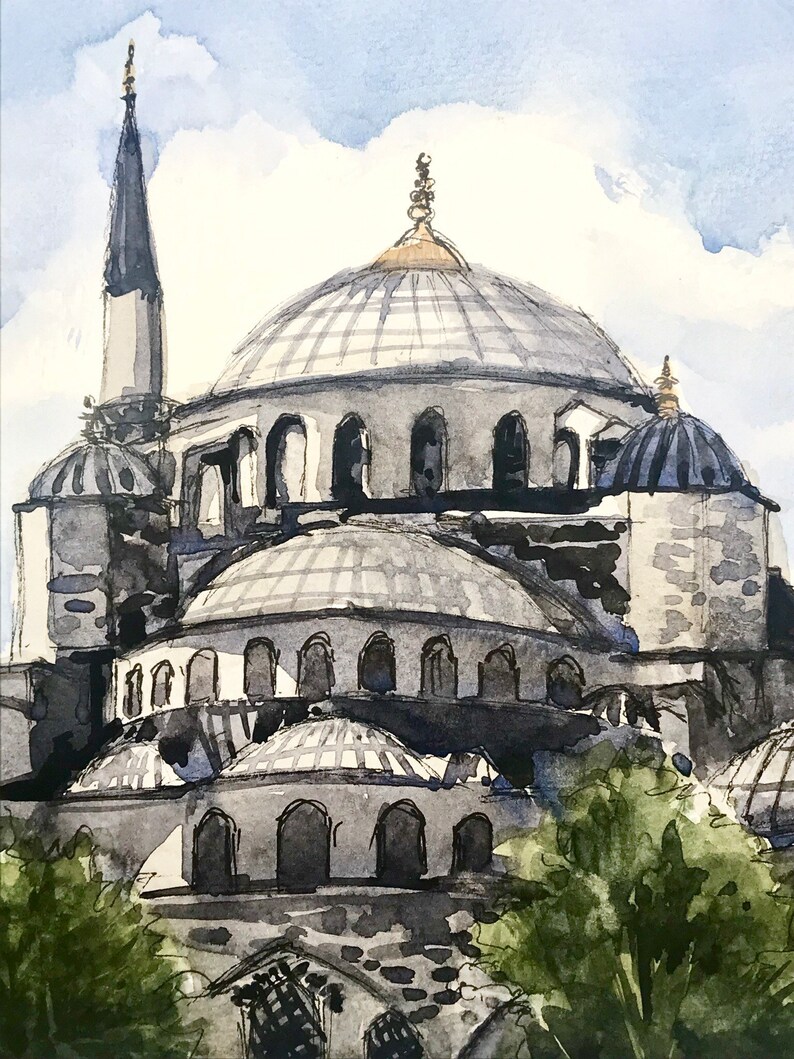 Blue Mosque Painting, Watercolor Painting, Istanbul Artwork, Turkey ...