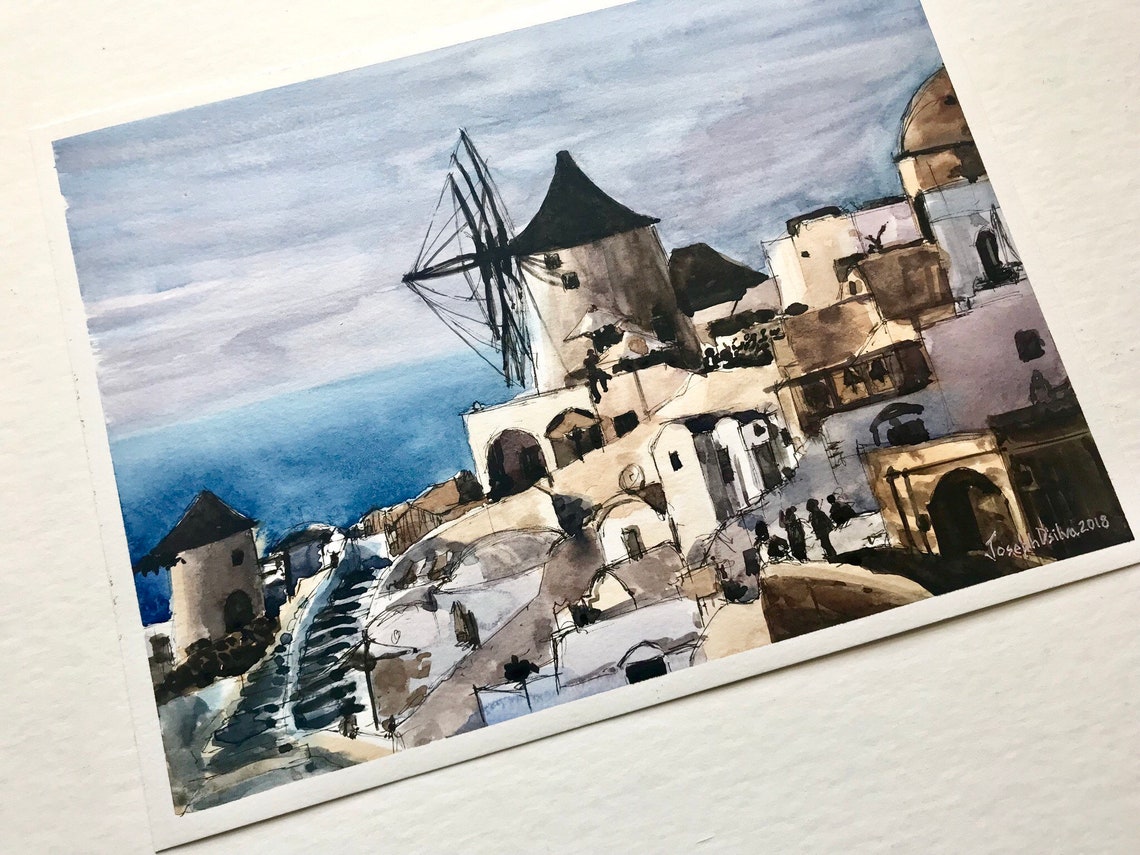 Santorini Village / Greek Watercolor Painting / Mediterranean | Etsy