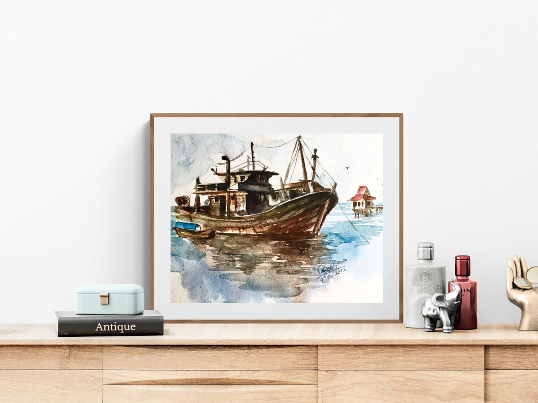 Fishing Trawler / Watercolor Art Print / Anchored Boat - Etsy