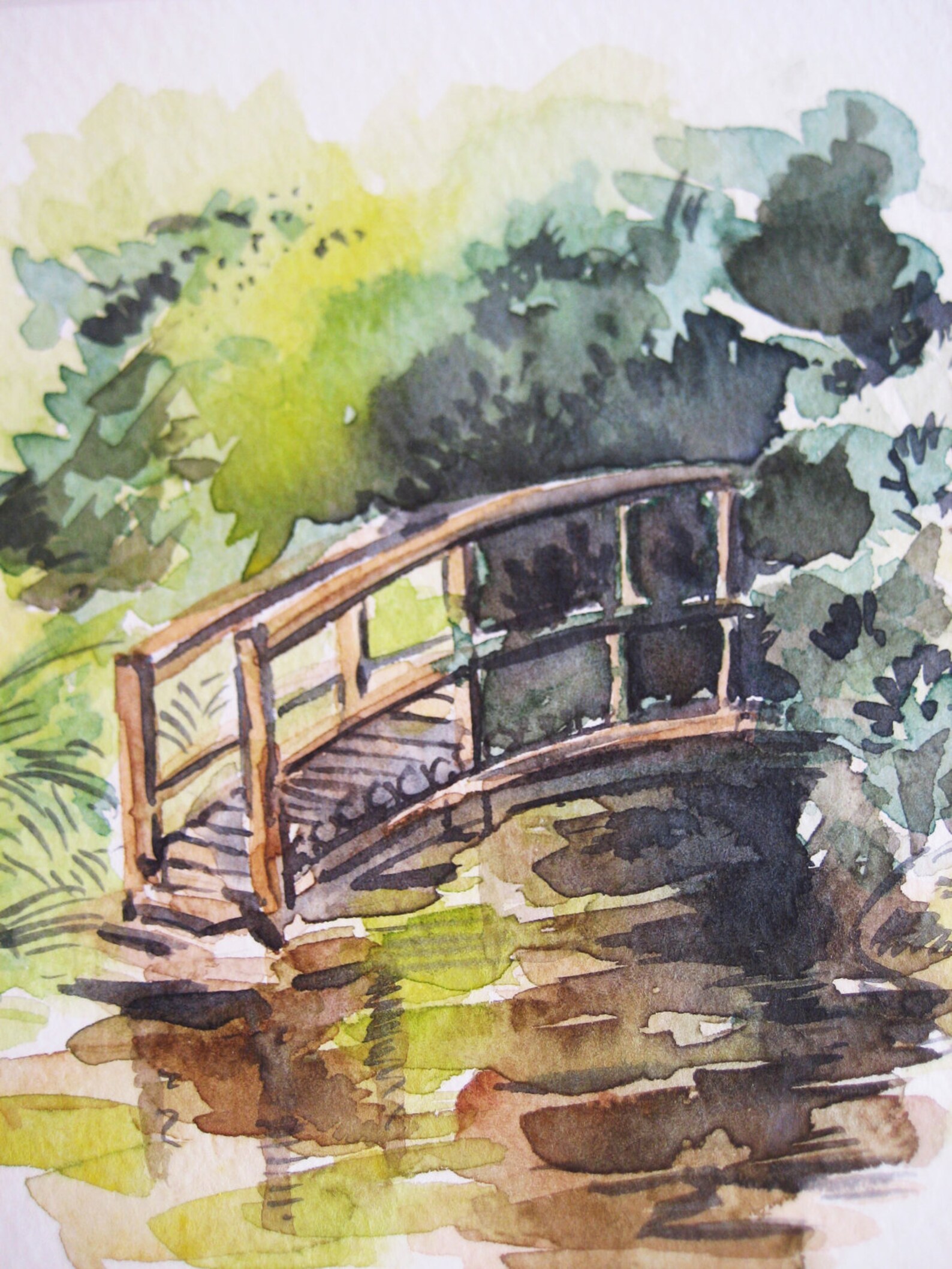 Garden Bridge Watercolor Painting Original Nature Green | Etsy