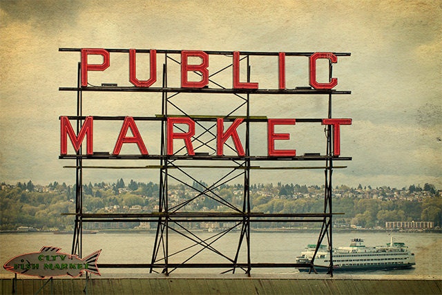 Seattle Photo, Pike Place Market Sign With Ferry Background, - Etsy