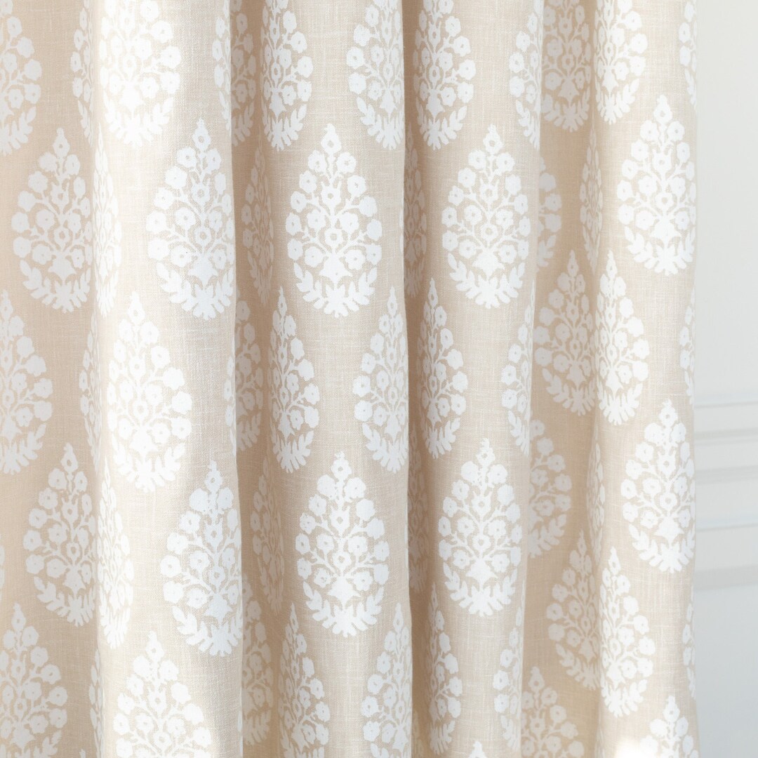 1 Pair of White and Sandy Oatmeal Fabric Features a Block Print Floral ...
