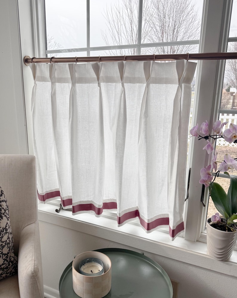 White Cotton Linen Blend Cafe Curtain With Scalloped Trim Ribbon , Tier ...